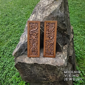 Sigurd and Fafnir Viking Wall Panel Set: Oak Wood Decor, Hylestad Stave ...