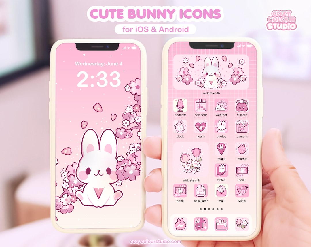 Cute Bunny App Icons Ios & Android / Pink Sakura Phone Theme / Phone ...