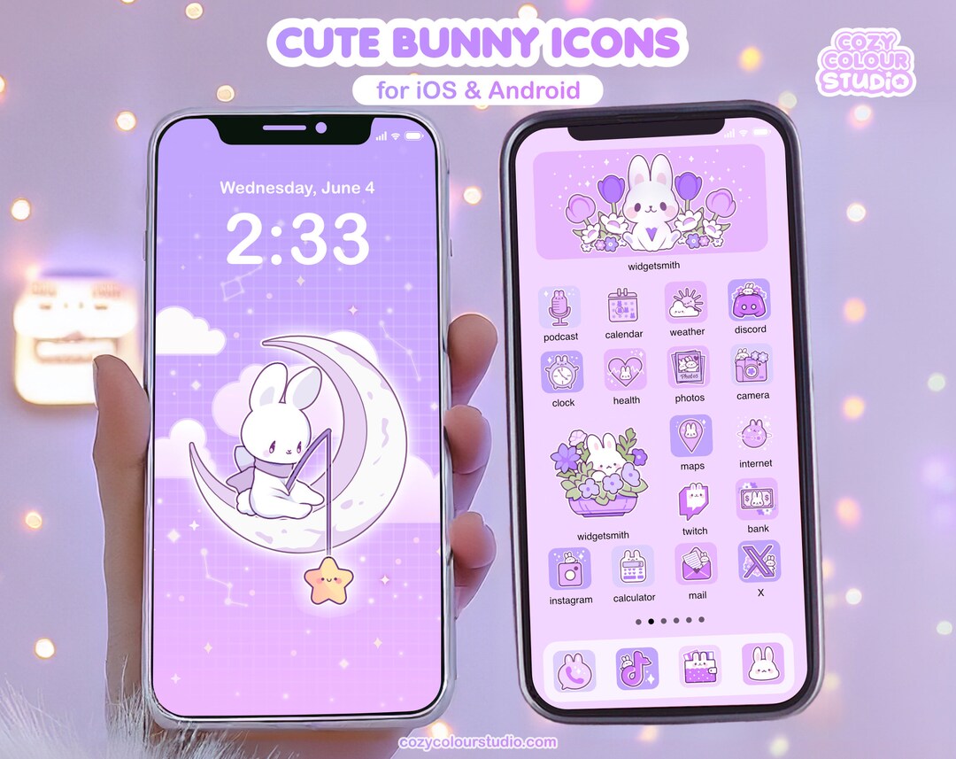 Cute Bunny App Icons Ios & Android / Purple Bunny Phone Theme / Android ...