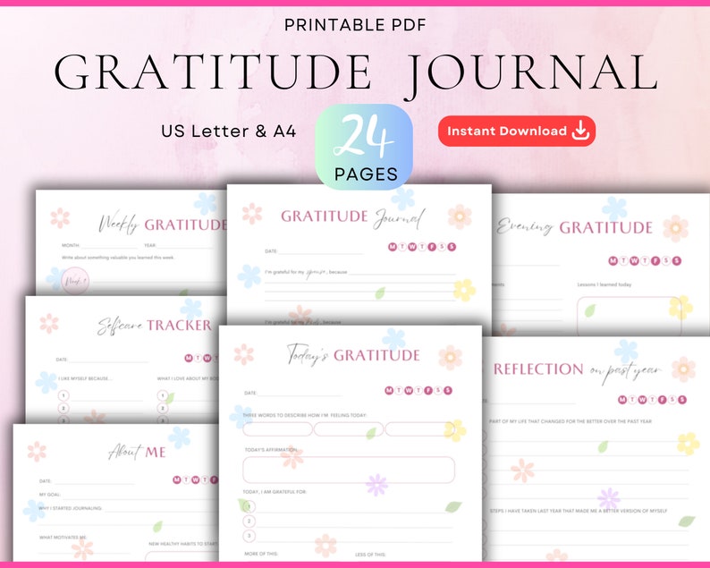 Floral Gratitude Journal Printable: Daily Reflection Prompts, Self-care ...
