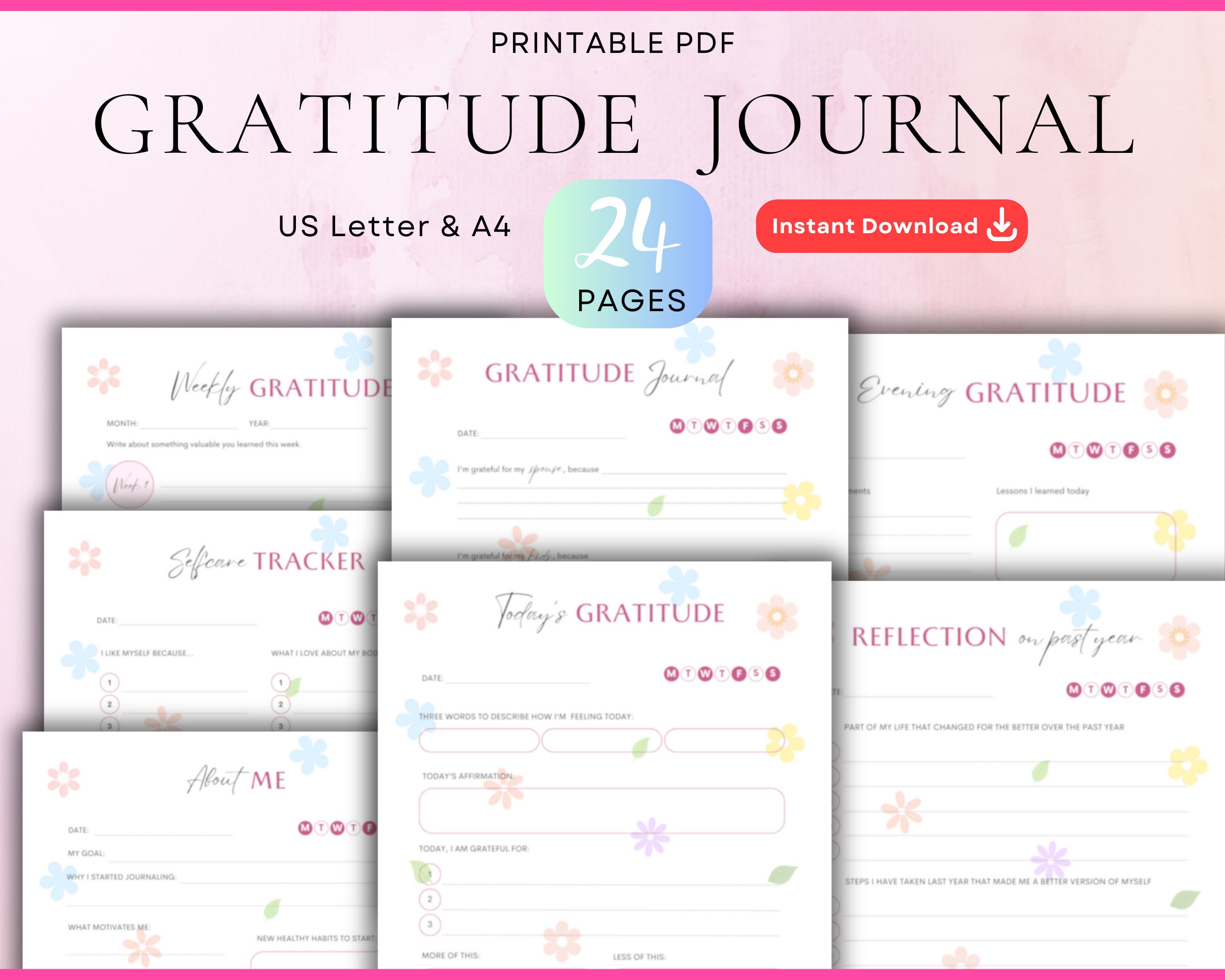Floral Gratitude Journal Printable Daily, Weekly, Monthly 24 Pdf Pages ...