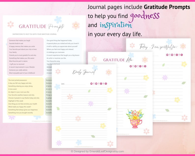 Floral Gratitude Journal Printable: Daily Reflection Prompts, Self-care ...