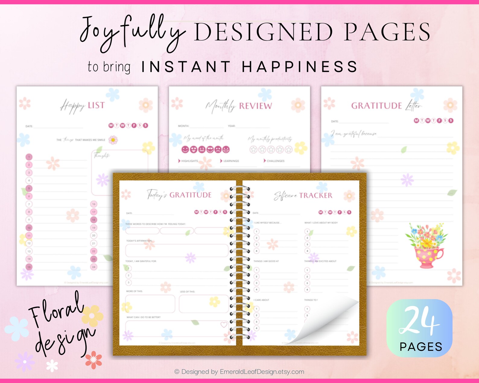 Floral Gratitude Journal Printable: Daily Reflection Prompts, Self-care ...
