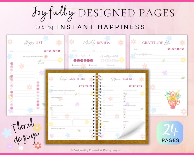 Floral Gratitude Journal Printable: Daily Reflection Prompts, Self-care ...