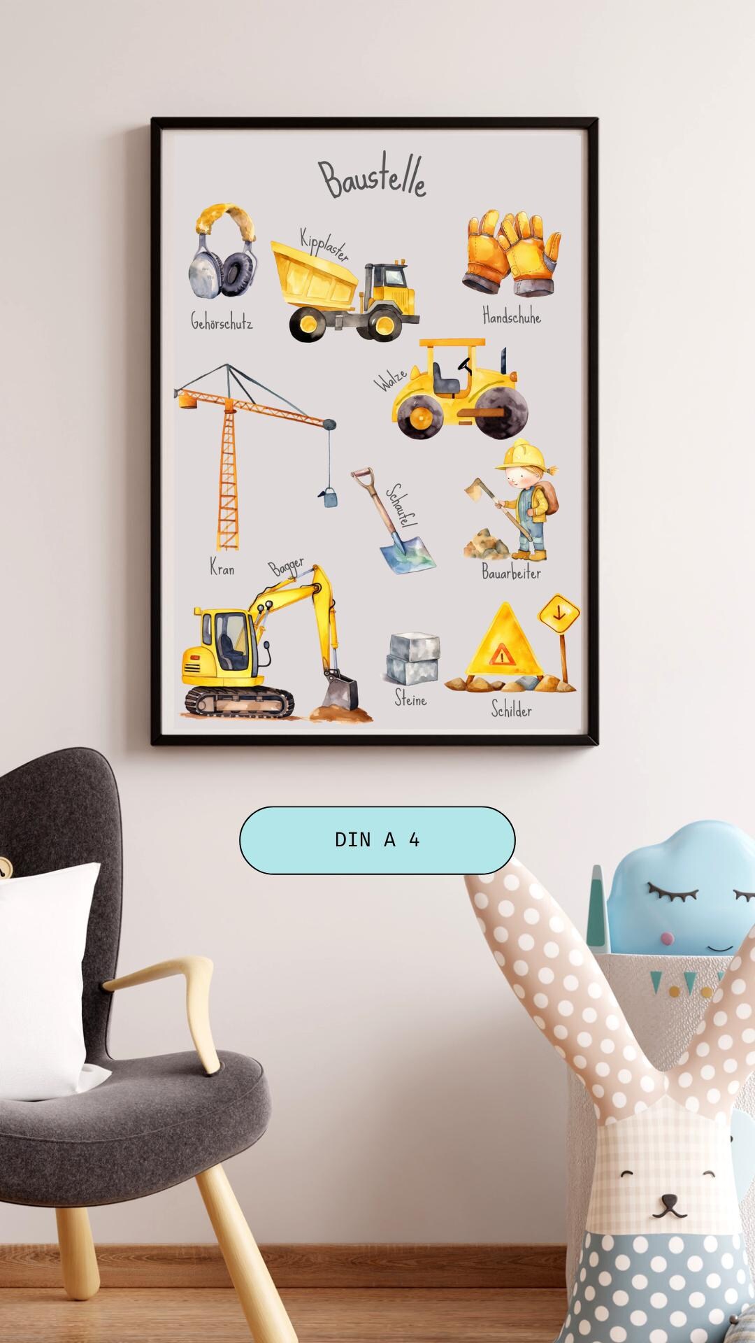 Construction Site Poster, Excavator, Crane, Boys Decoration in the ...