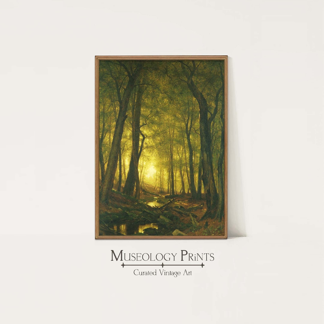 Enchanted Forest Vintage Green Forest Tree Oil Painting Misty Foggy ...