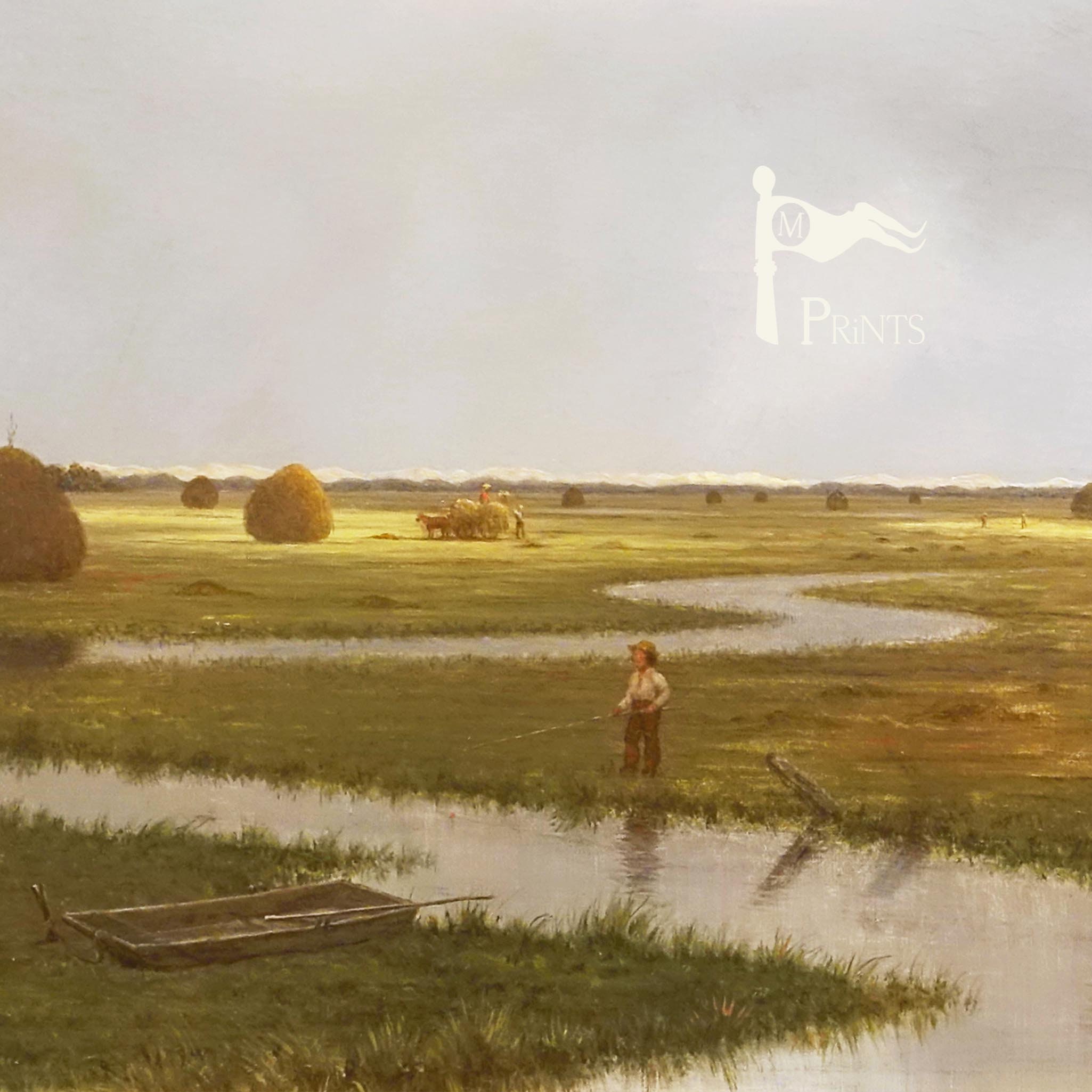 Countryside Marsh & Haystacks Painting Vintage Farmhouse Landscape ...