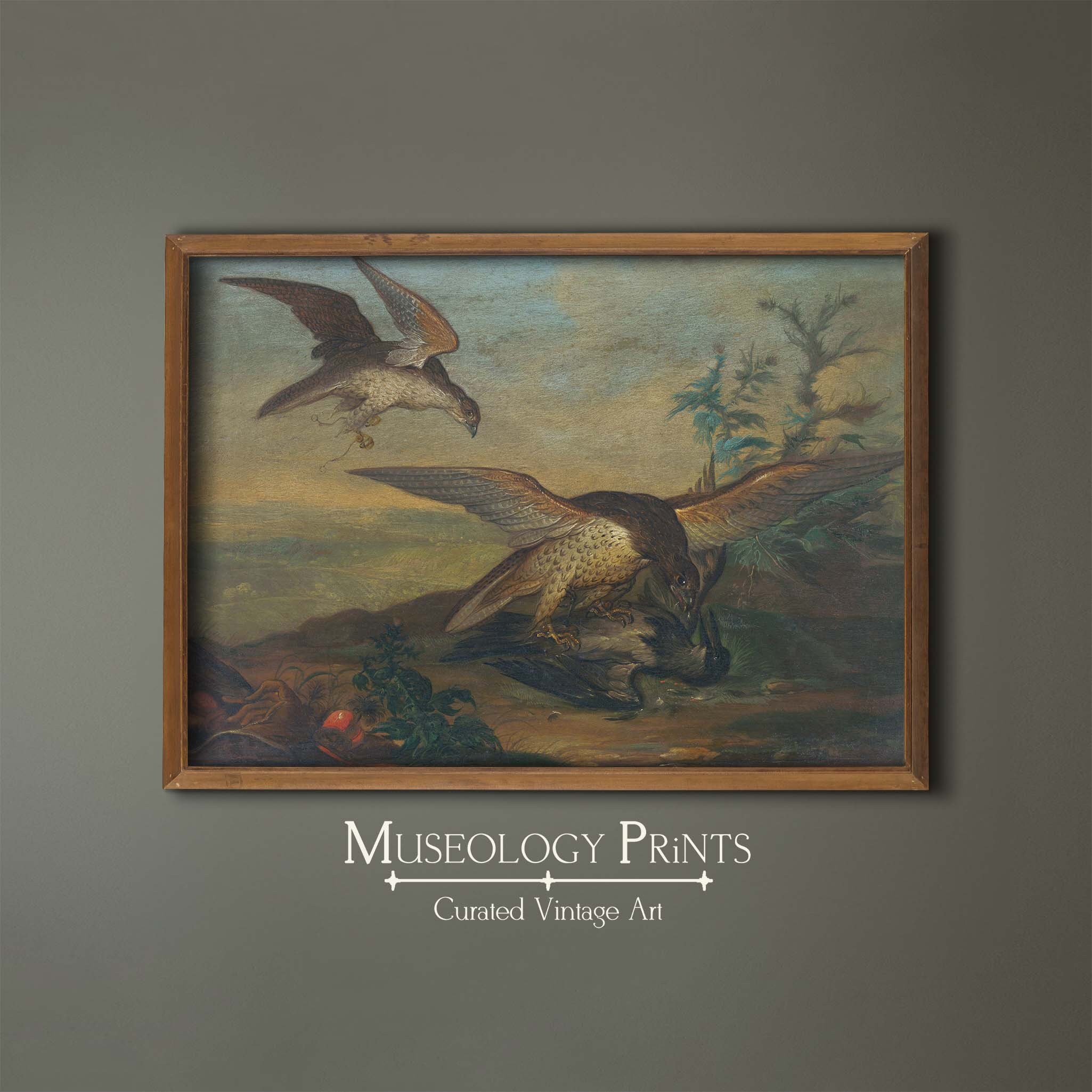 Birds of Pray Vintage Raptor Painting Wildlife Landscape Art Hunting ...