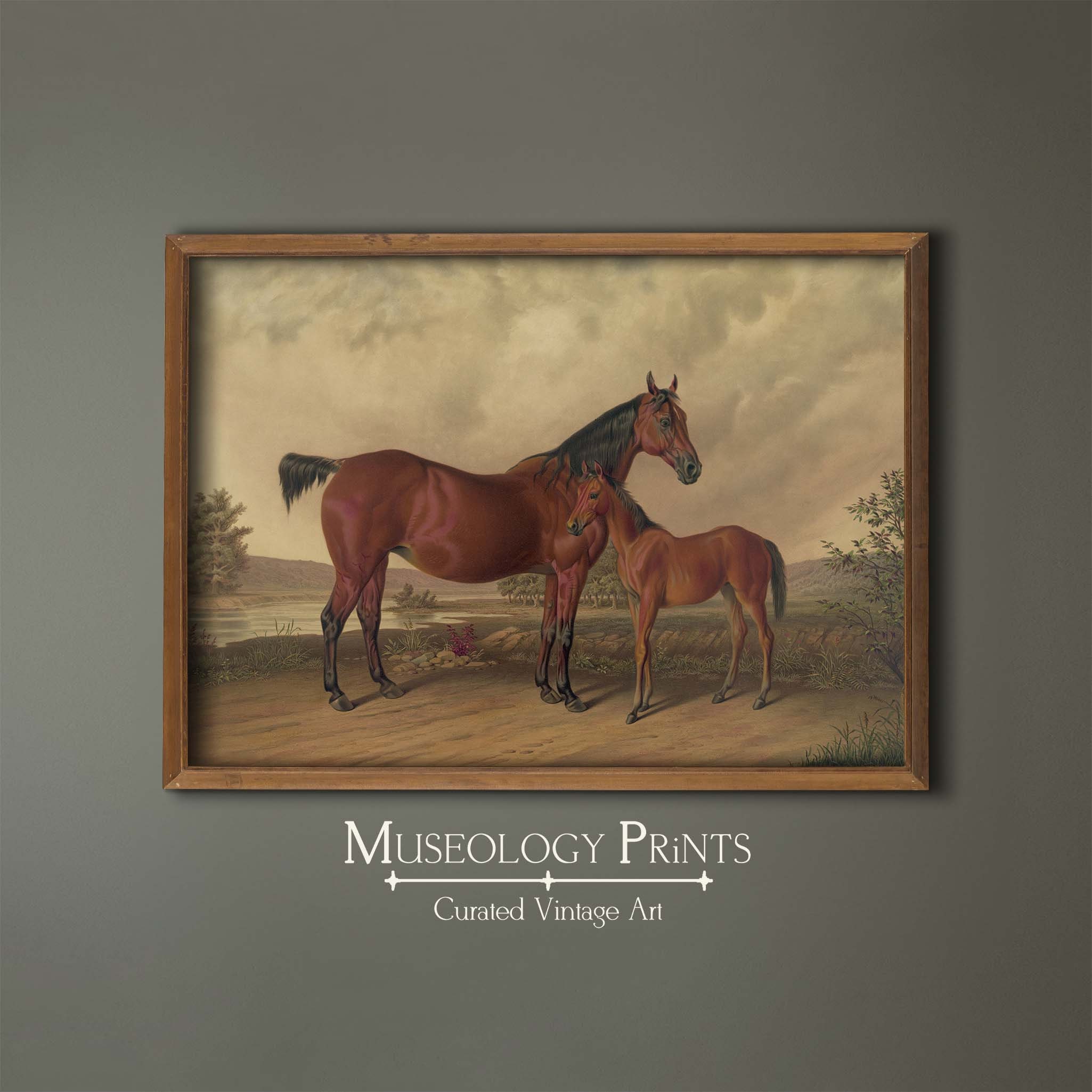 Brown Horse & Colt Painting | Antique Equestrian Decor | Landscape ...