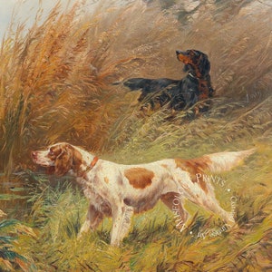 Duck Hunting Bird Dogs Vintage Oil Painting | Pointer Dog Landscape ...