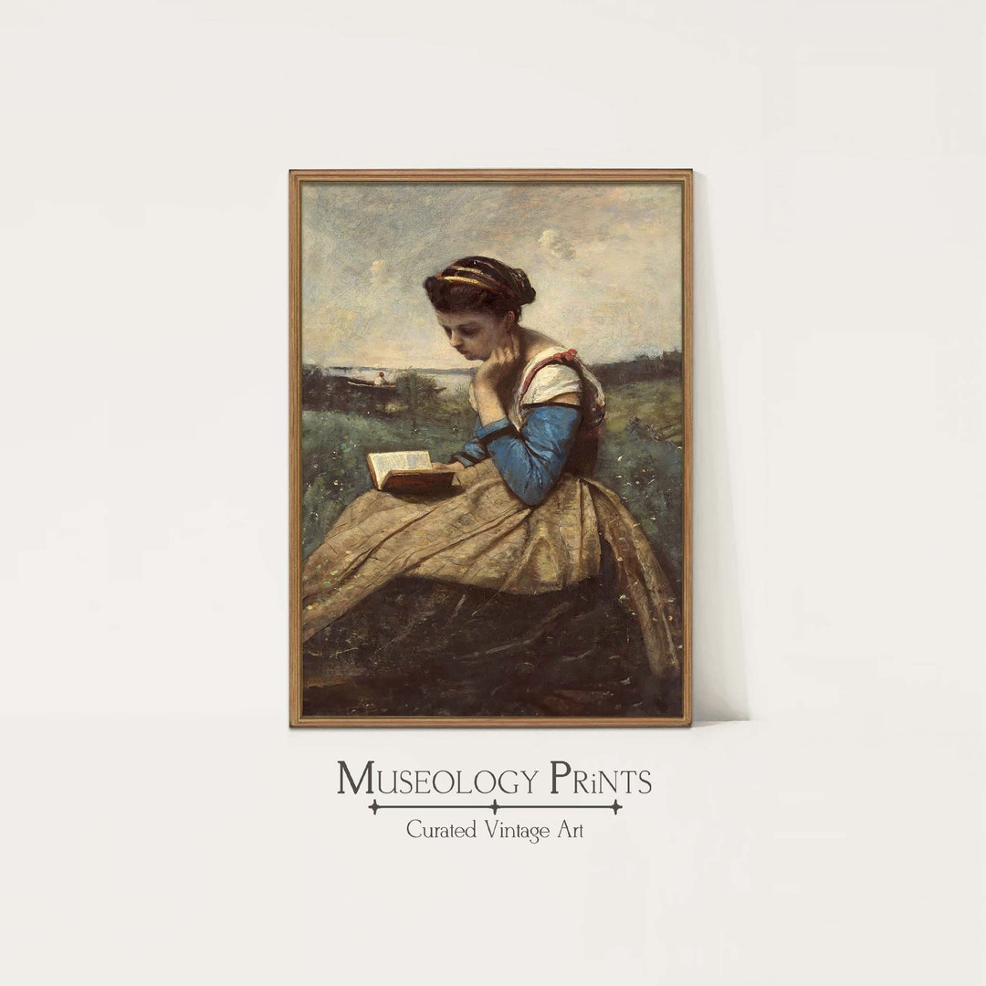 Young Woman Reading Portrait Oil Painting Bookworm Bibliophile Vintage ...