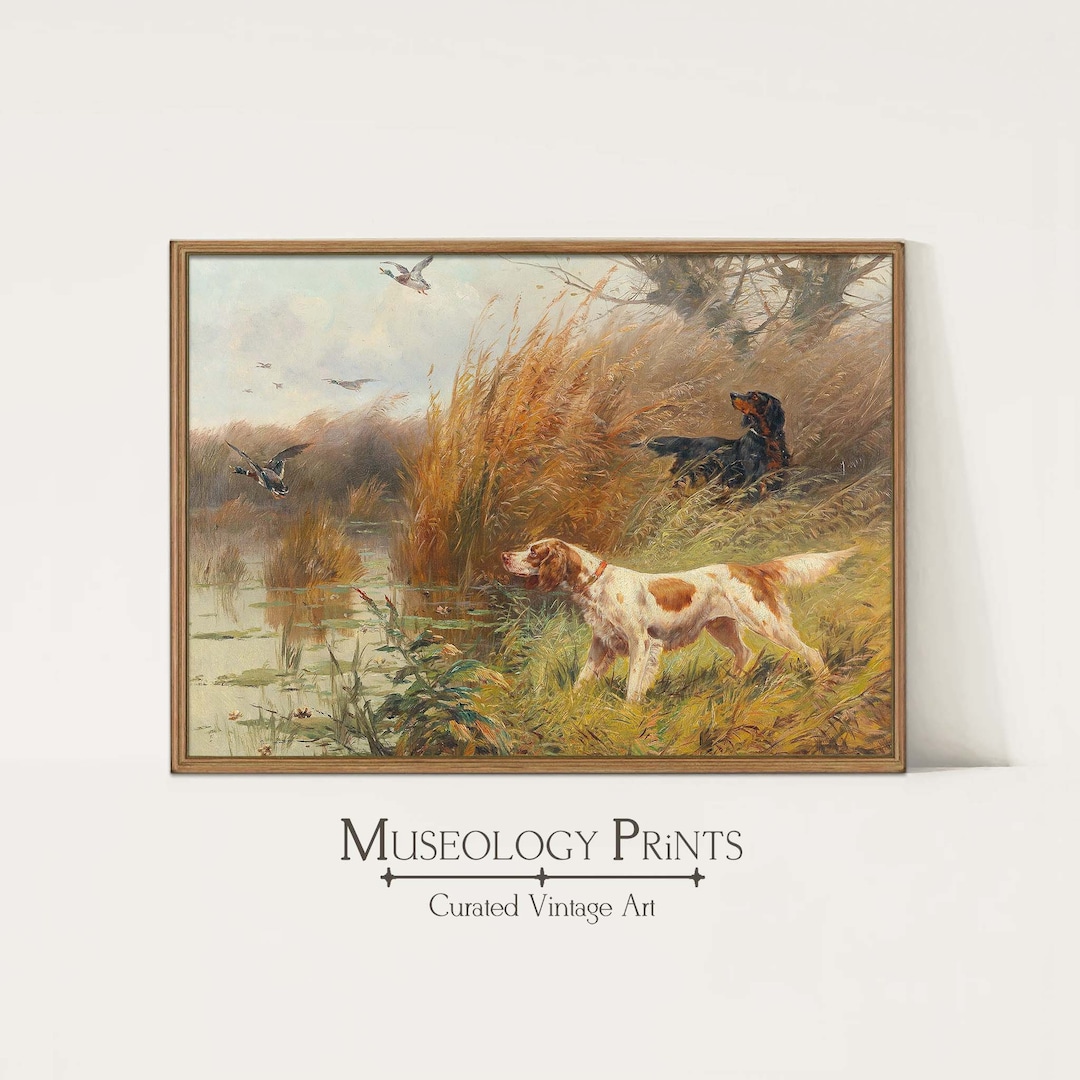 Duck Hunting Bird Dogs Vintage Oil Painting | Pointer Dog Landscape ...