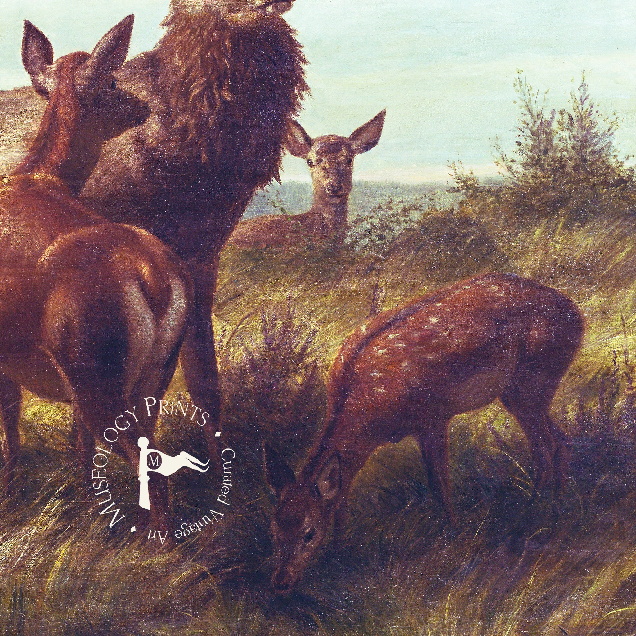 Stag and Doe Vintage Oil Painting | Antique Deer Art Print | Wildlife ...