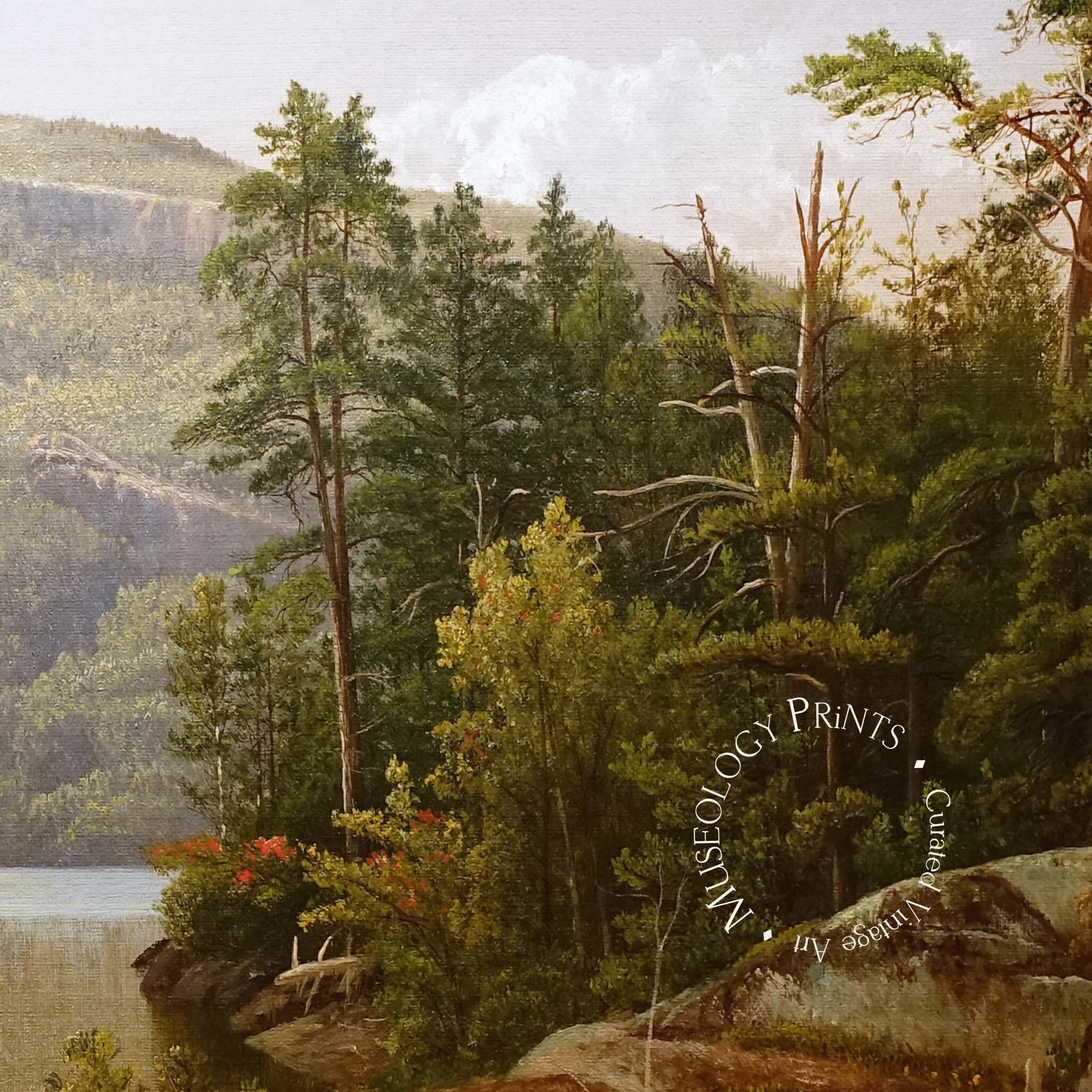 Vintage Lake House Painting | Antique Landscape Art | Mountain Trees ...