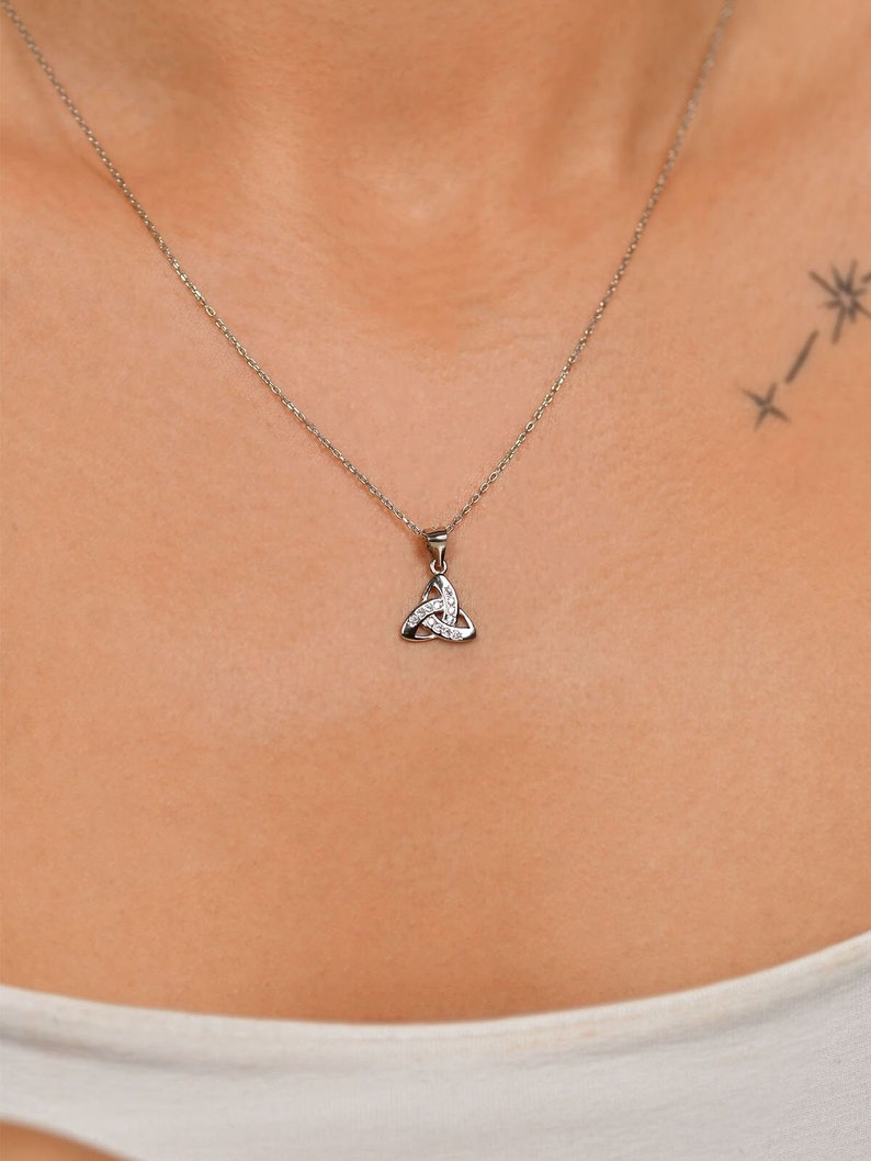 Trinity Knot Necklace With Gemstone, Dainty Valknut Pendant, Sterling ...