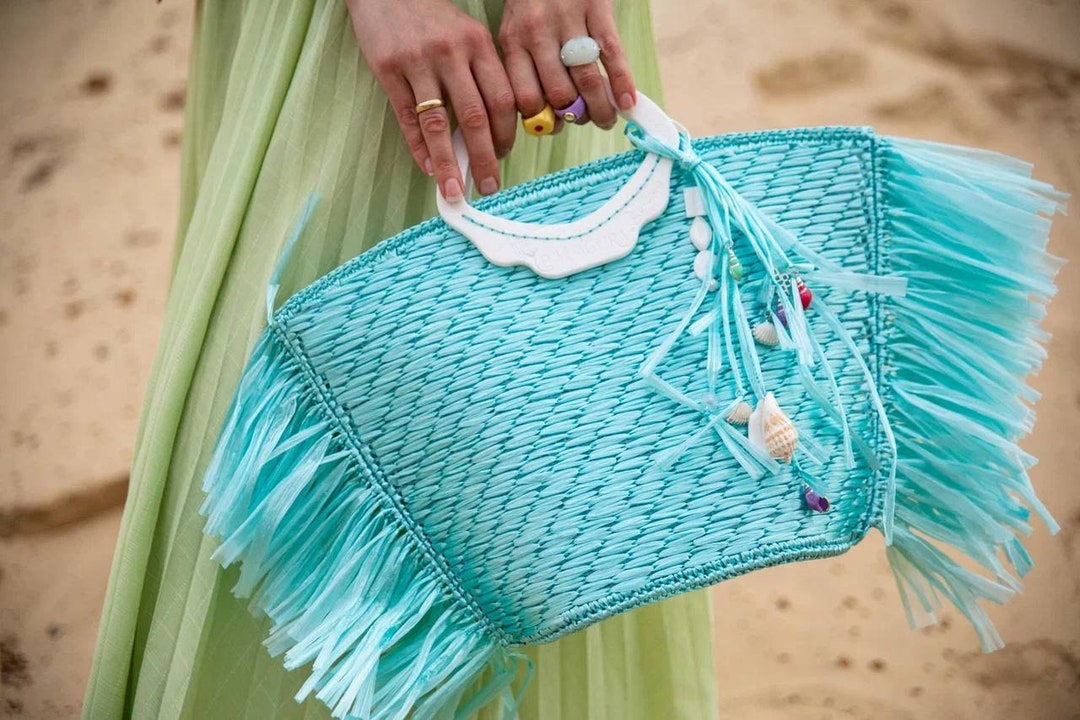 Teal Handwoven Raffia Beach Bag Coastal Luxury Beach Tote Bag. Coastal ...