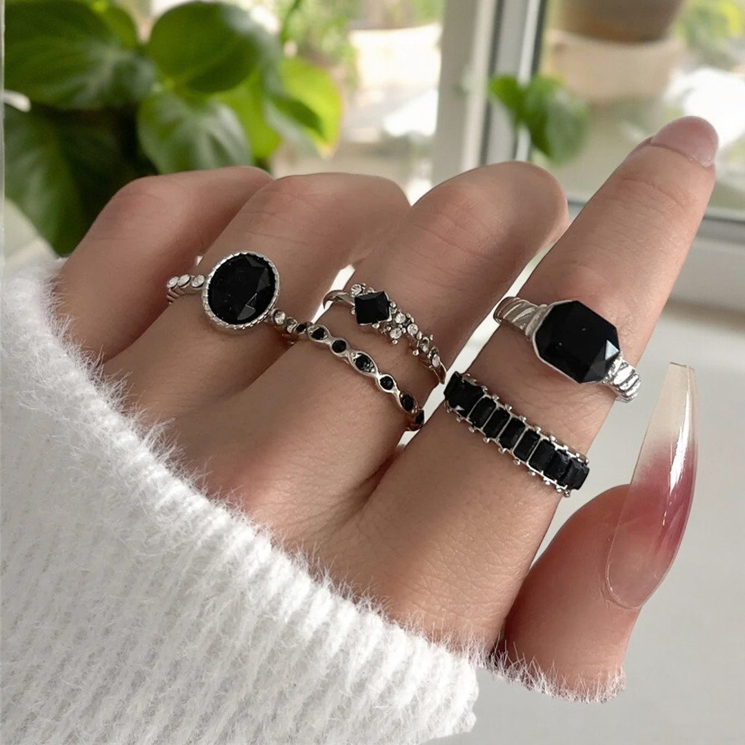 Black Crystal Ring Set, Goth Rings for Women, Gothic Jewelry, Punk ...