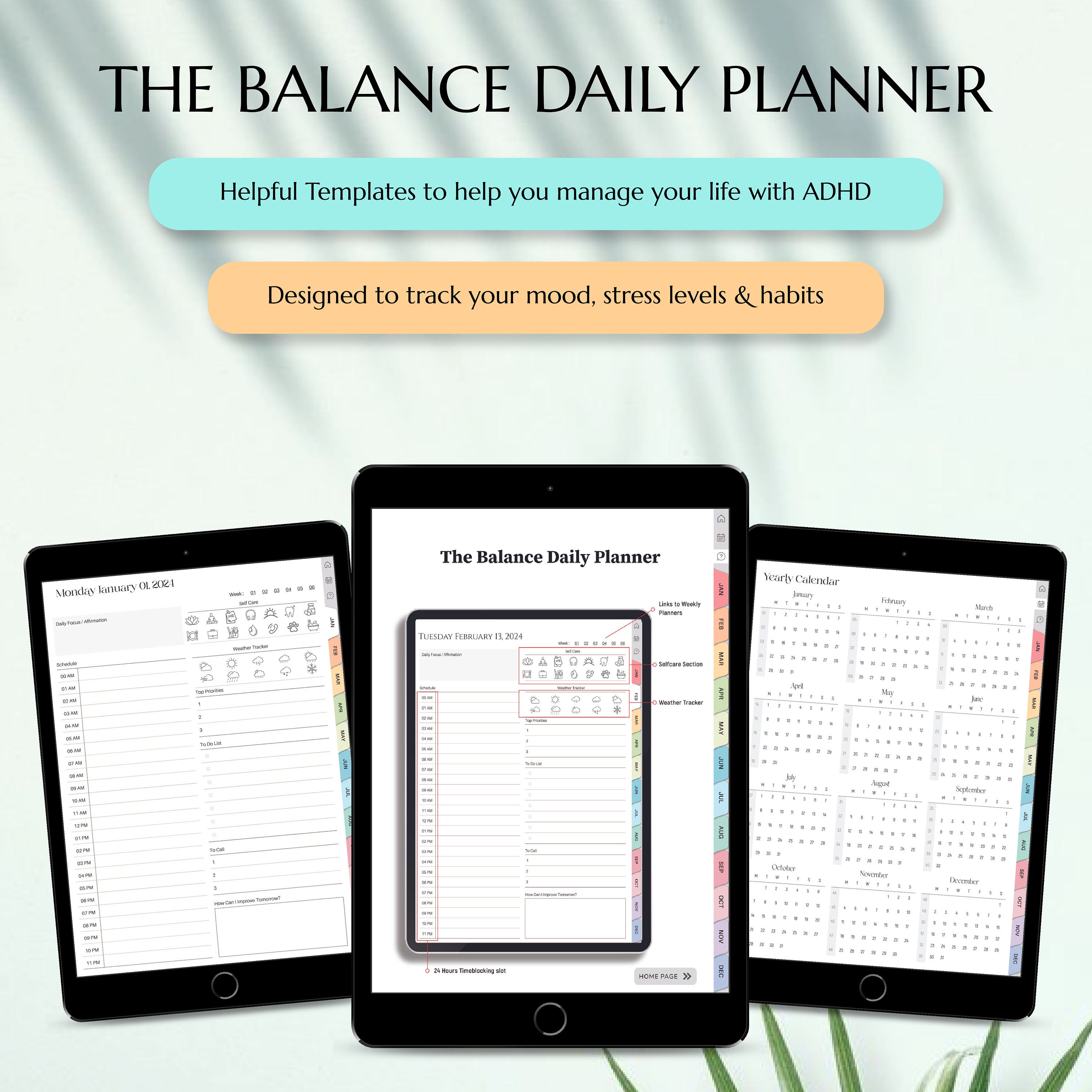 ADHD Planner, Self Care Planner, 2024 Digital Planner, ADHD Digital ...