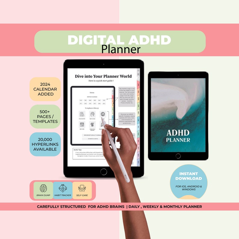 ADHD Planner, Self Care Planner, 2024 Digital Planner, ADHD Digital ...