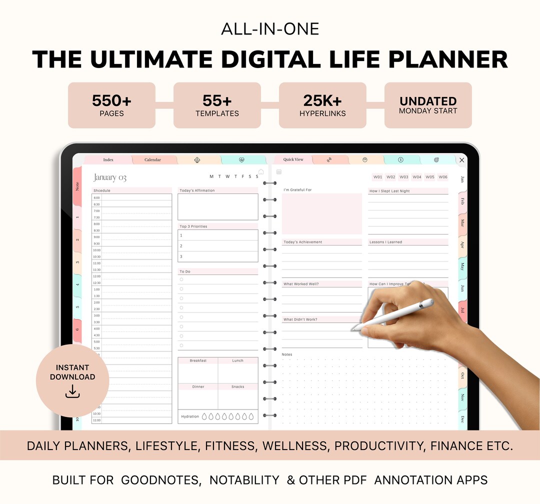Undated Digital Planner | Goodnotes Planner | Daily Weekly Monthly ...