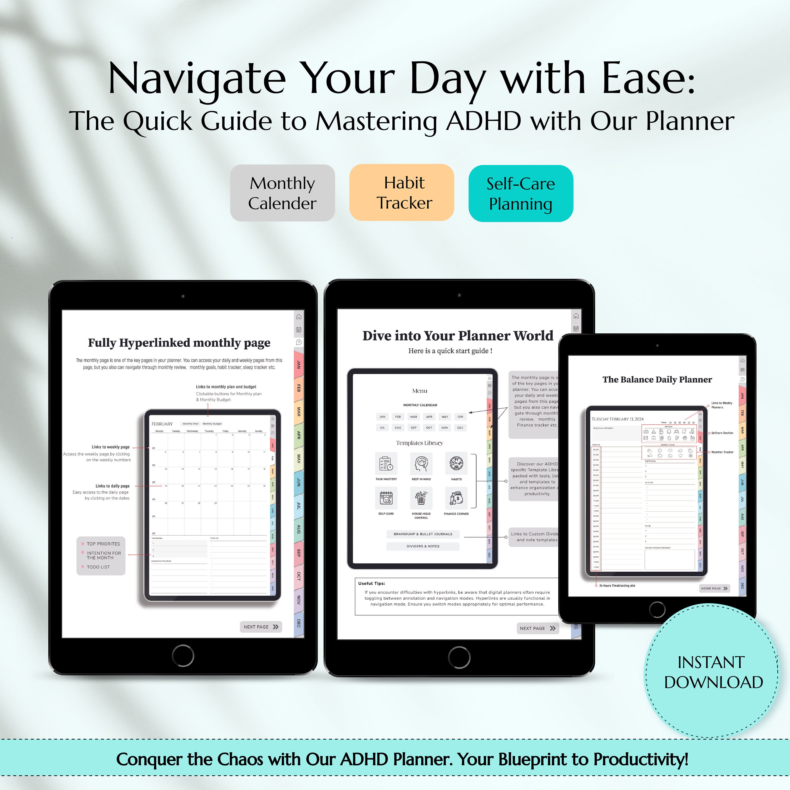 ADHD Planner, Self Care Planner, 2024 Digital Planner, ADHD Digital ...