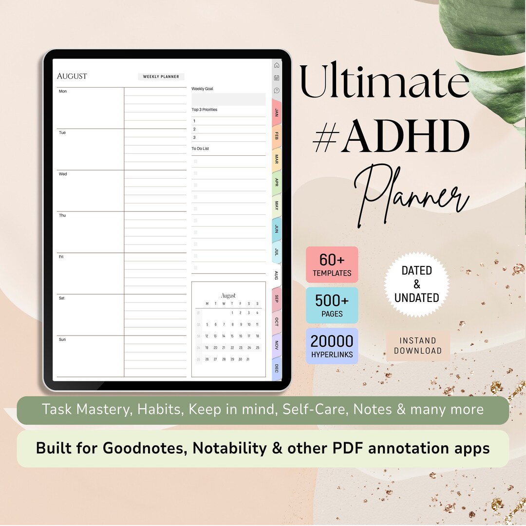 ADHD Planner, Self Care Planner, 2024 Digital Planner, ADHD Digital ...