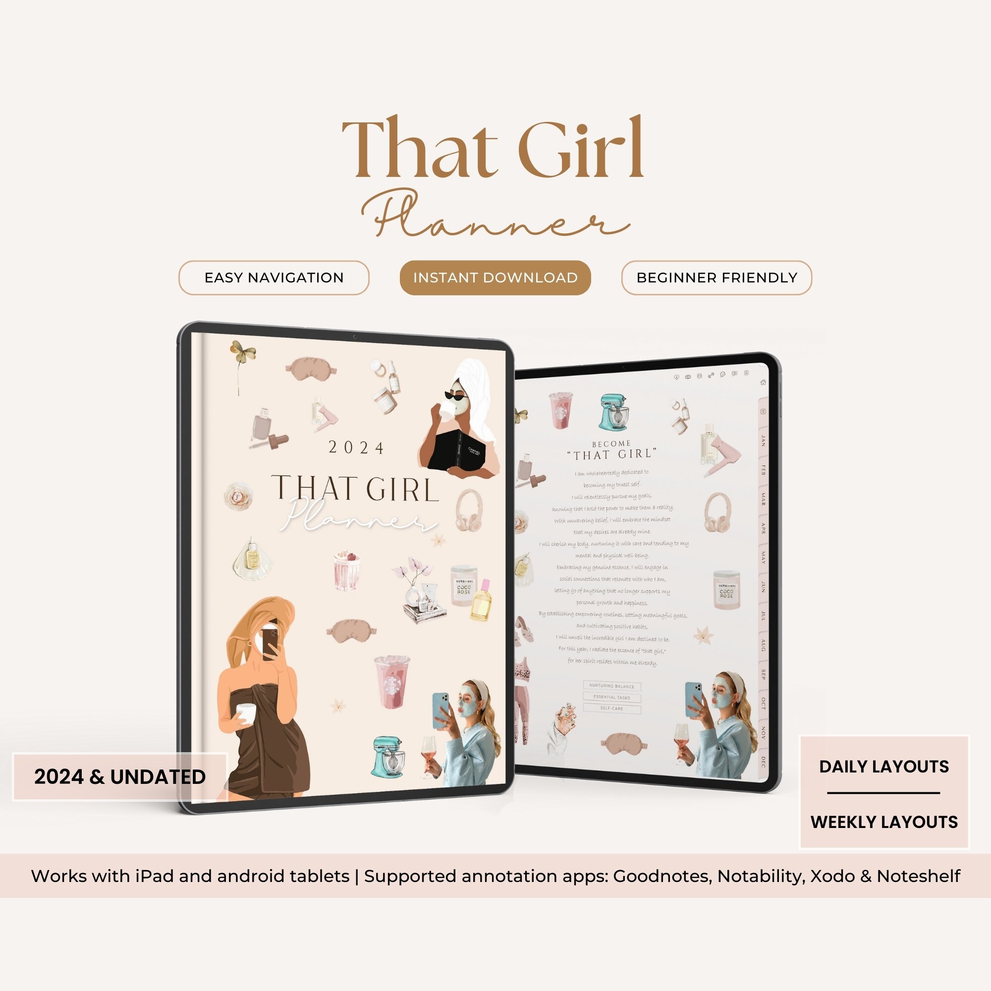 That Girl Self Care Planner, 2024 Digital Planner, 2024 Daily, Weekly ...