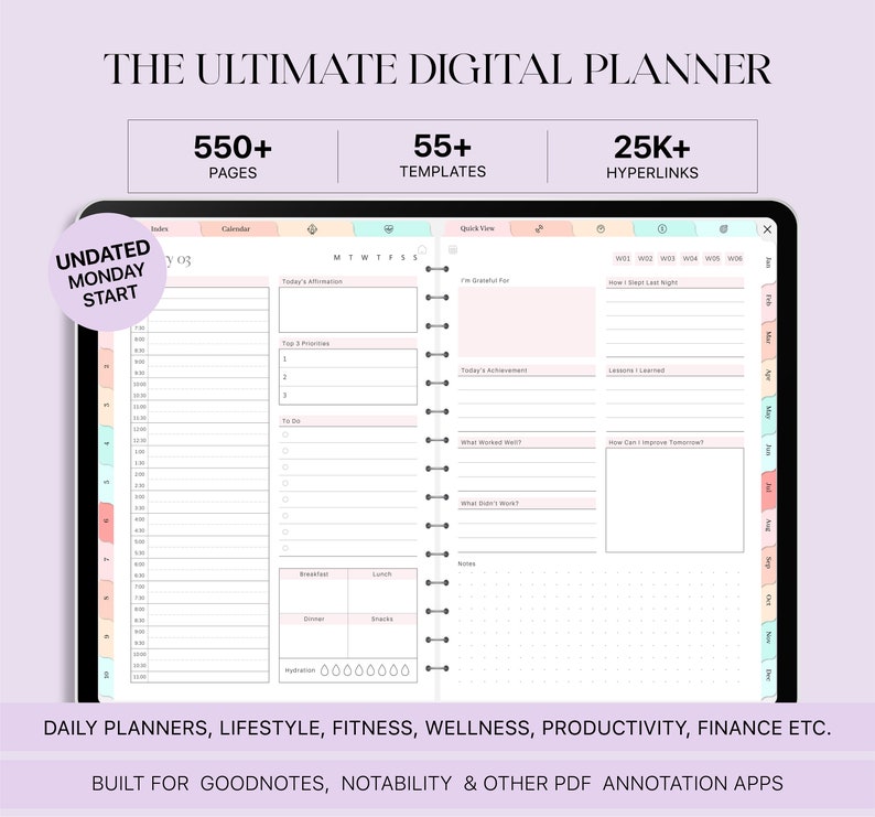 Undated Digital Planner | Goodnotes Planner | Daily Weekly Monthly ...