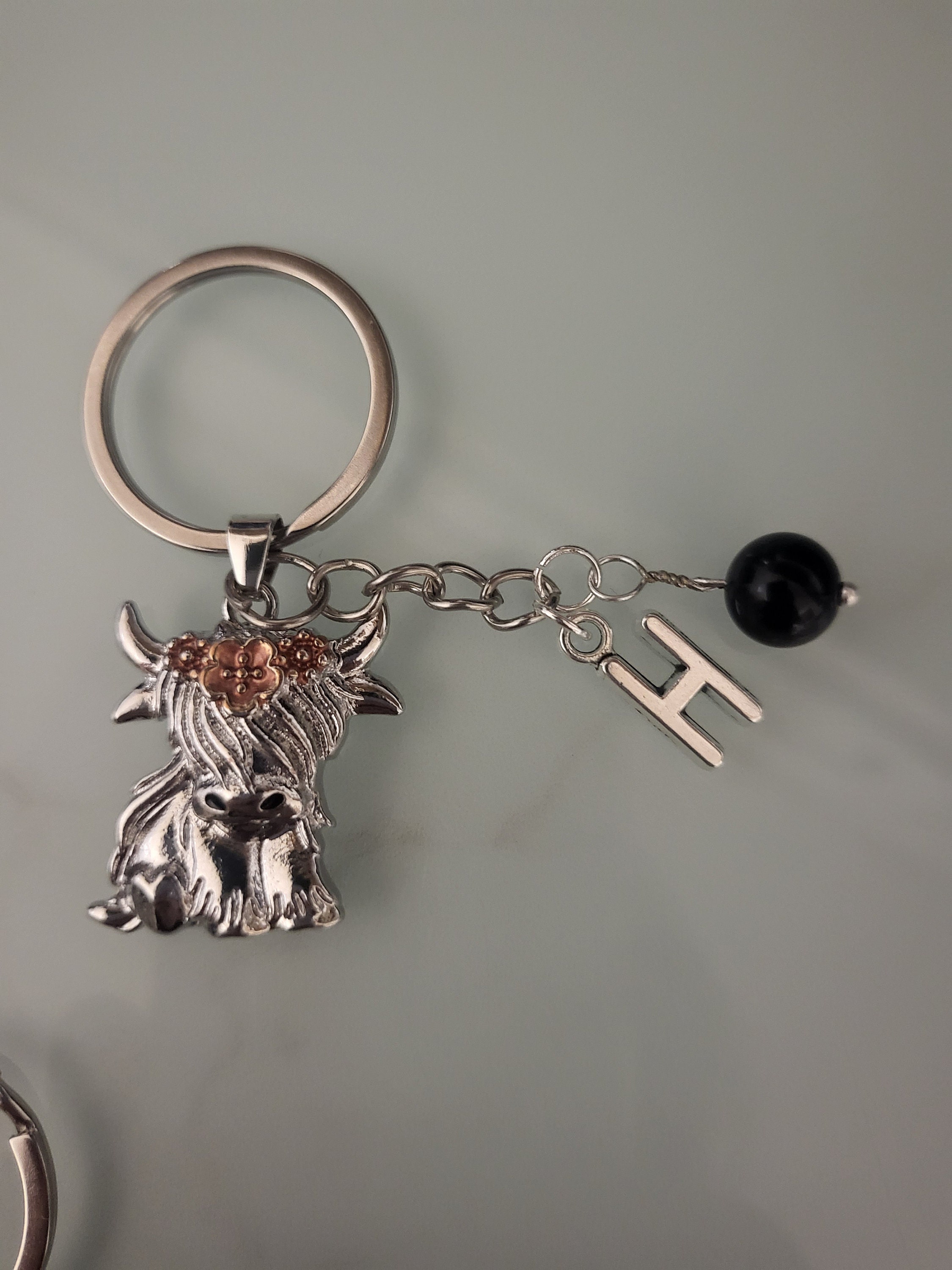 Highland Cow Keyring/keychain With Initial and Obsidian Ball. - Etsy UK