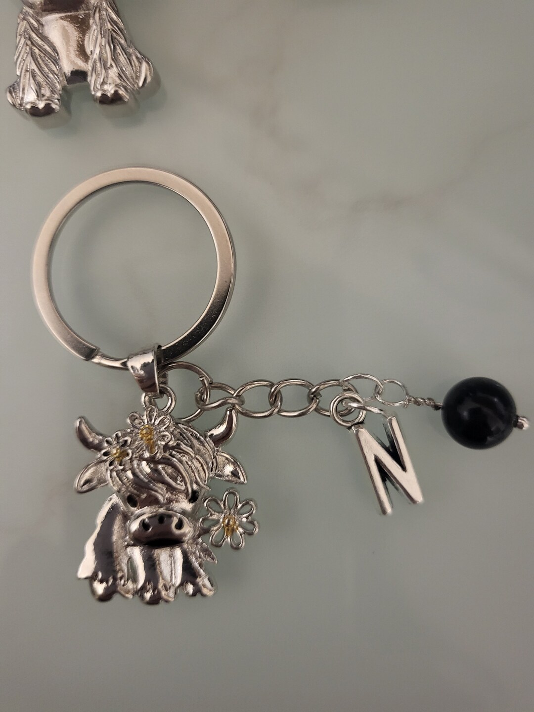 Highland Cow Keyring/keychain With Initial and Obsidian Ball. - Etsy UK