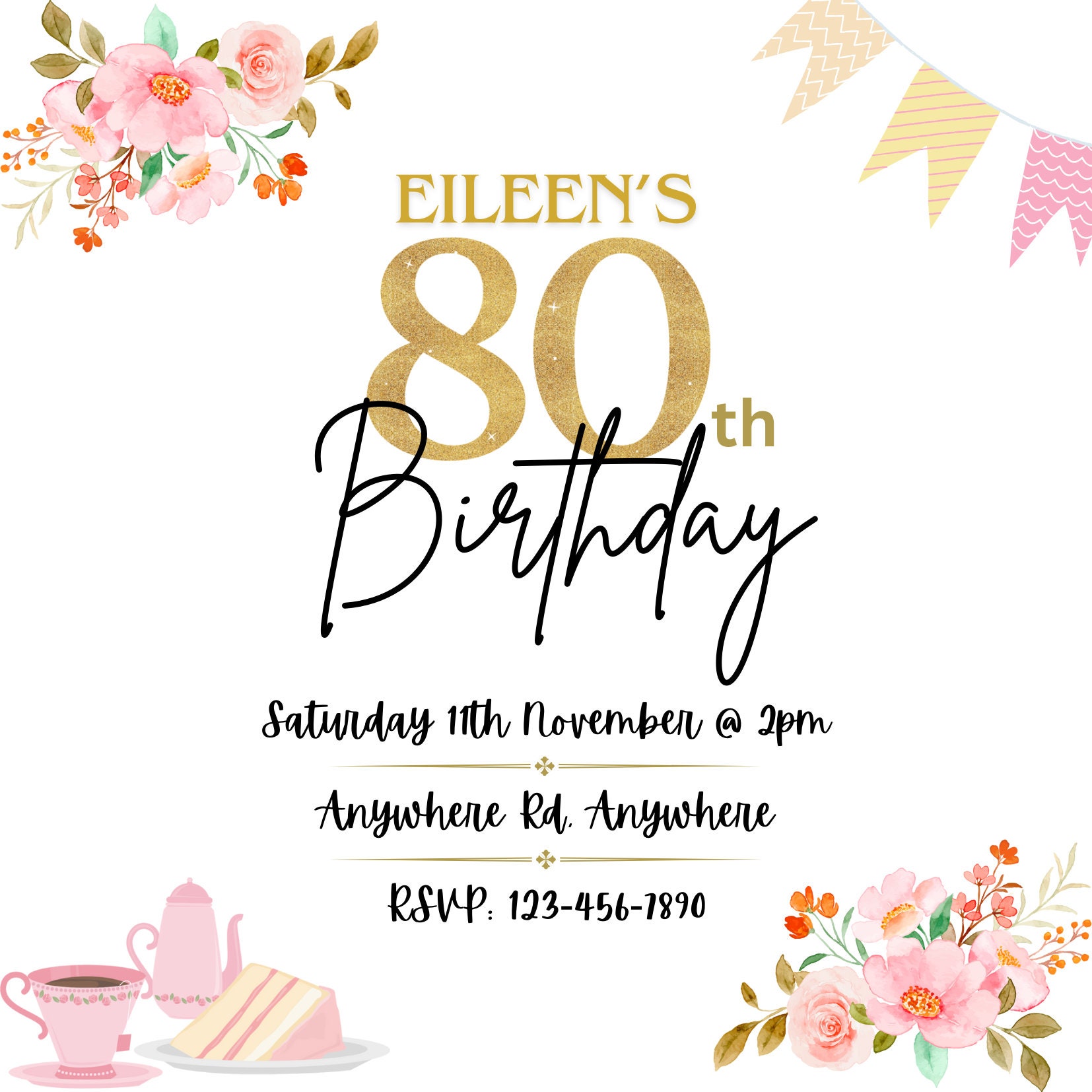 Editable 80th Birthday Invitation Template - Etsy