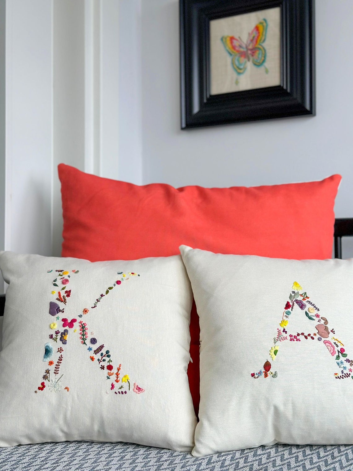 Hand Embroidered Letter A Cushion Case, Flowers Pillow Cover ...