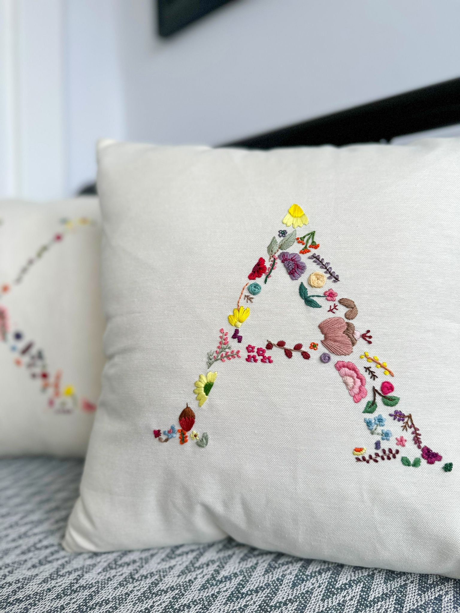 Hand Embroidered Letter A Cushion Case, Flowers Pillow Cover ...