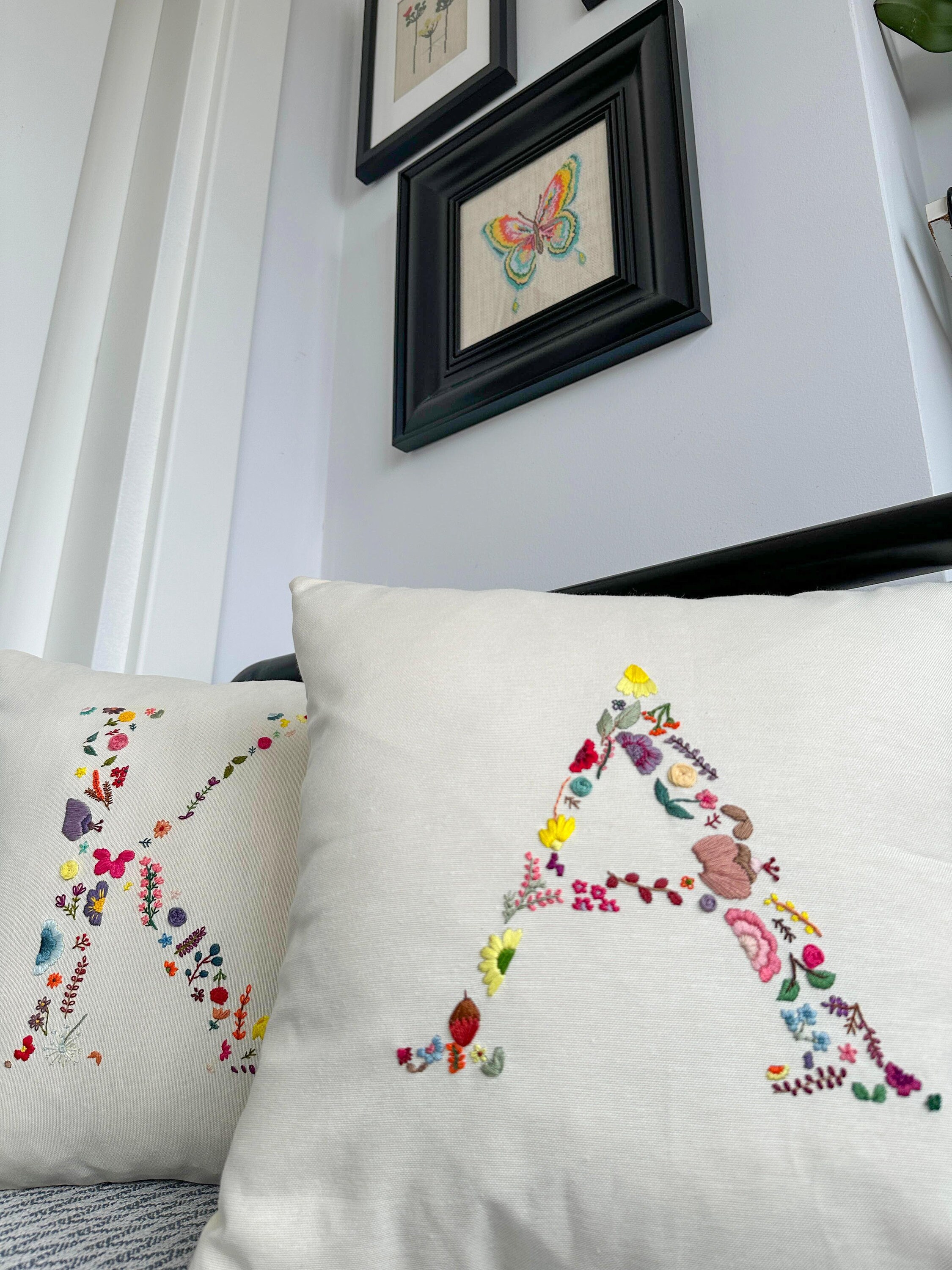 Hand Embroidered Letter A Cushion Case, Flowers Pillow Cover ...