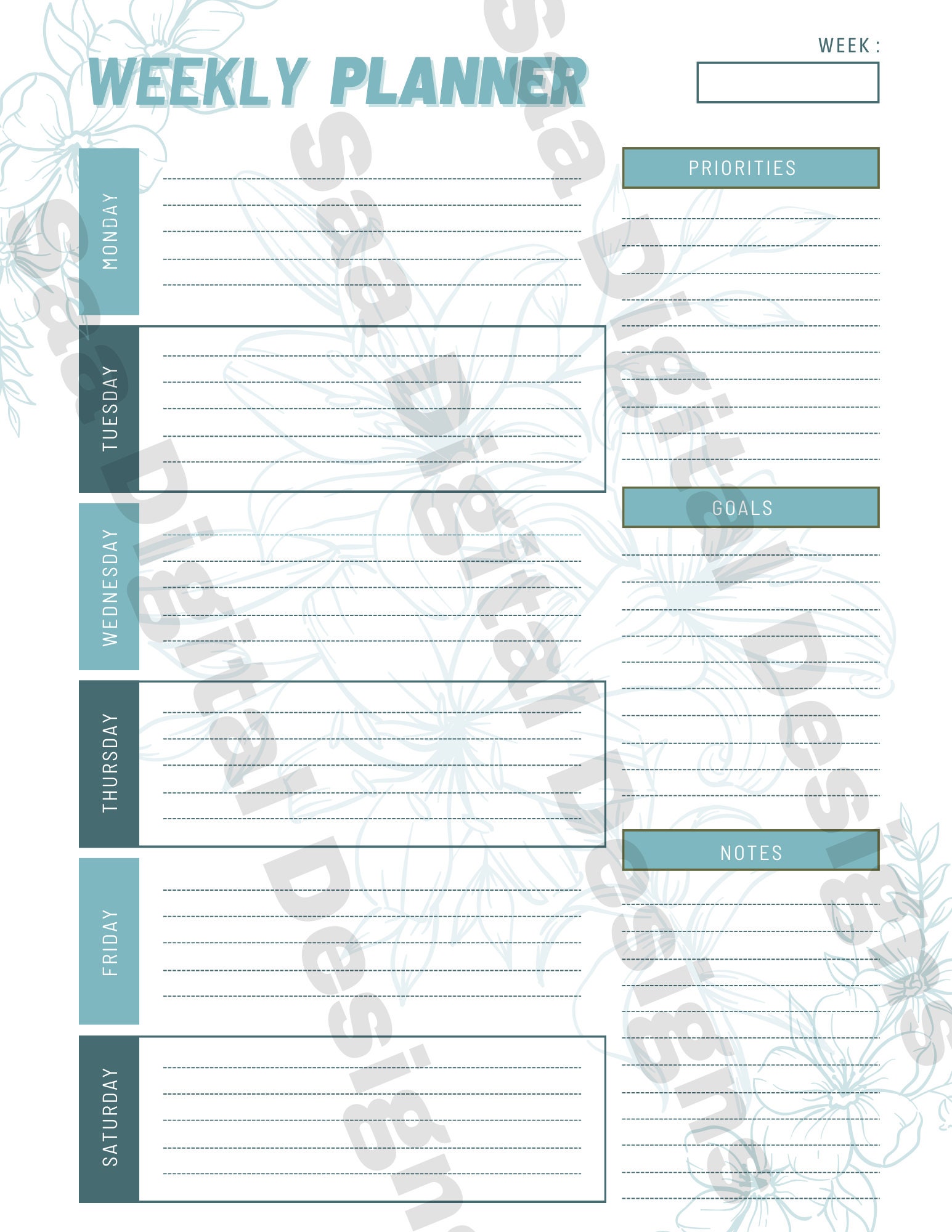 Printable Weekly Planner Blue Flowers PDF Download - Etsy