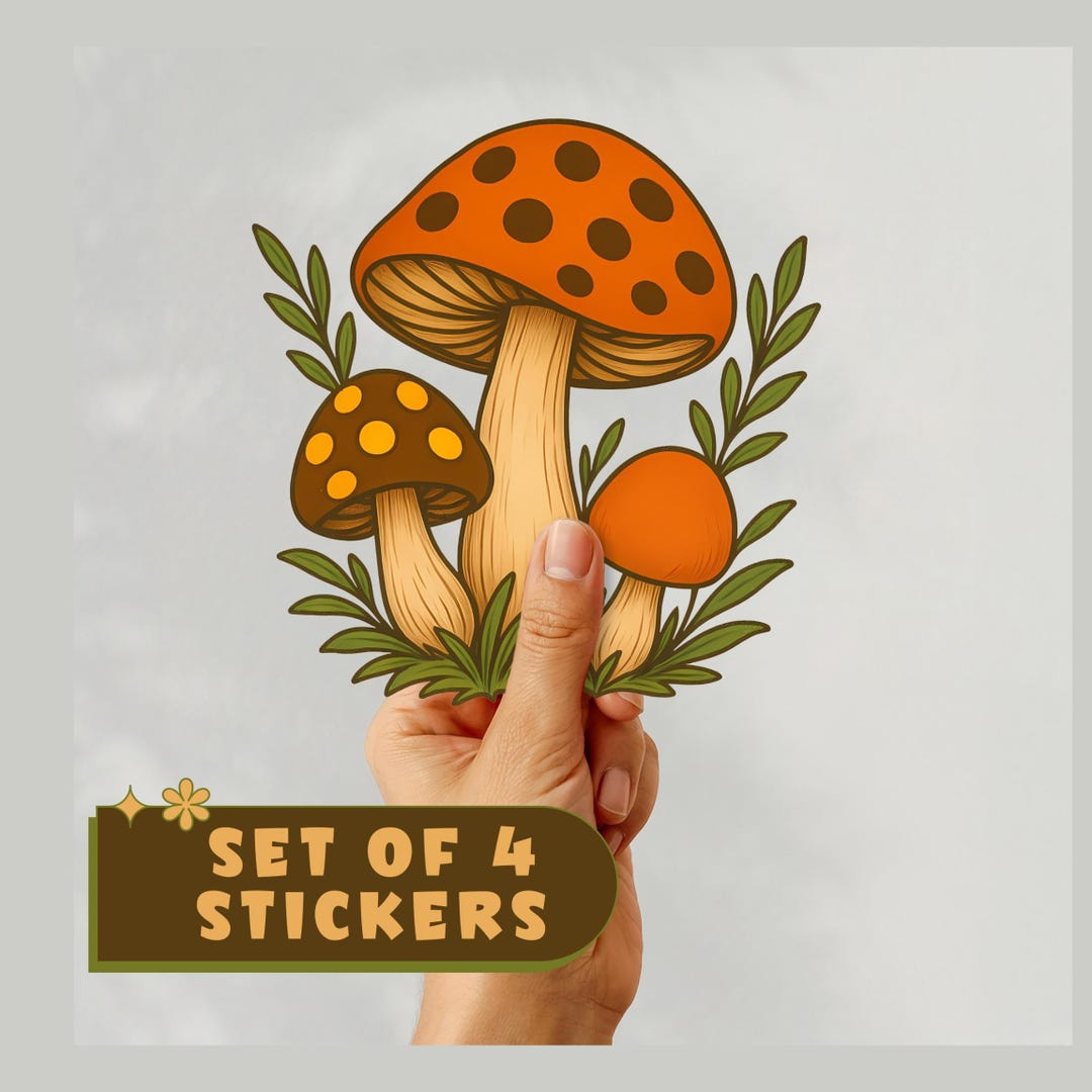 Merry Mushroom Inspired Four Piece Sticker Set Retro 1970s Peel-and ...