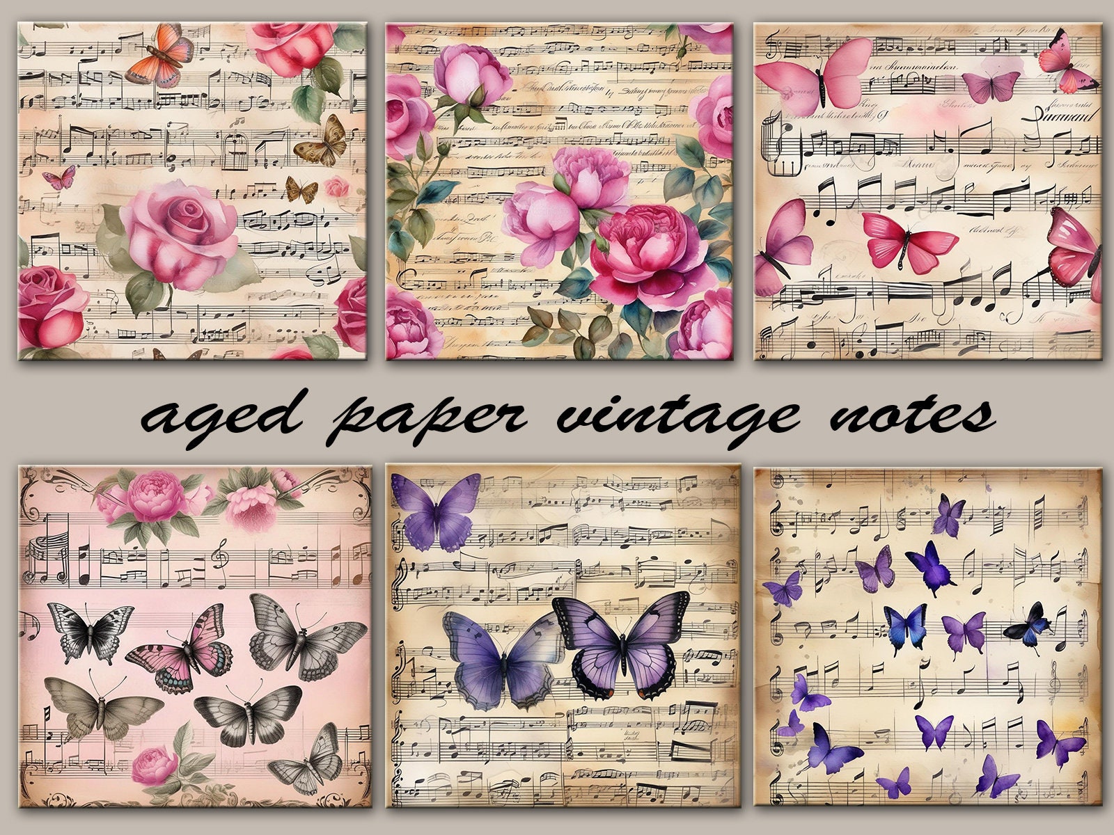 Old Paper, Vintage Notes, Flowers, Butterflies, Digital Paper for ...