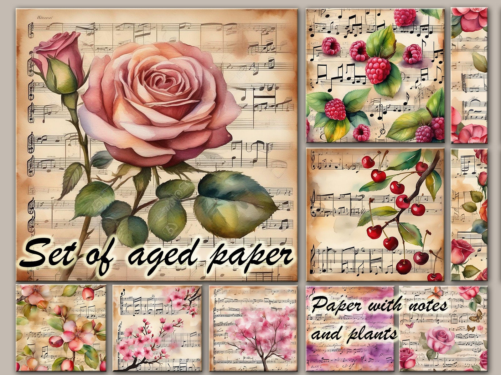 Old Paper, Vintage Notes, Flowers, Butterflies, Digital Paper for ...