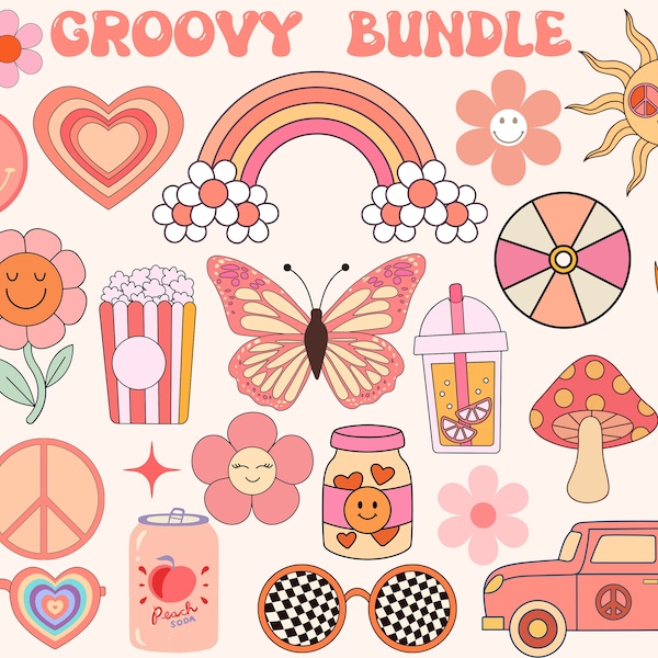 Groovy School Clipart Bundle, Retro Back to School Supplies Clip Art ...