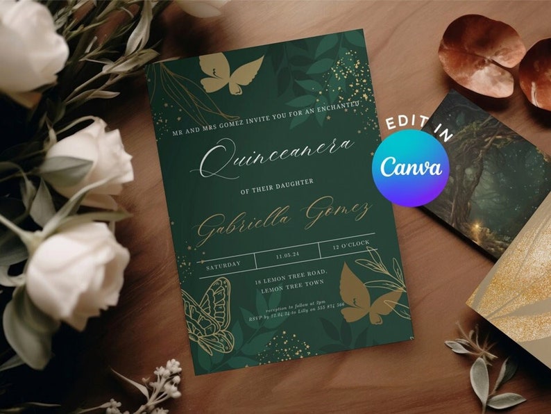 Enchanted Forest Quinceanera Invitation, Gold/emerald Green, Magical ...