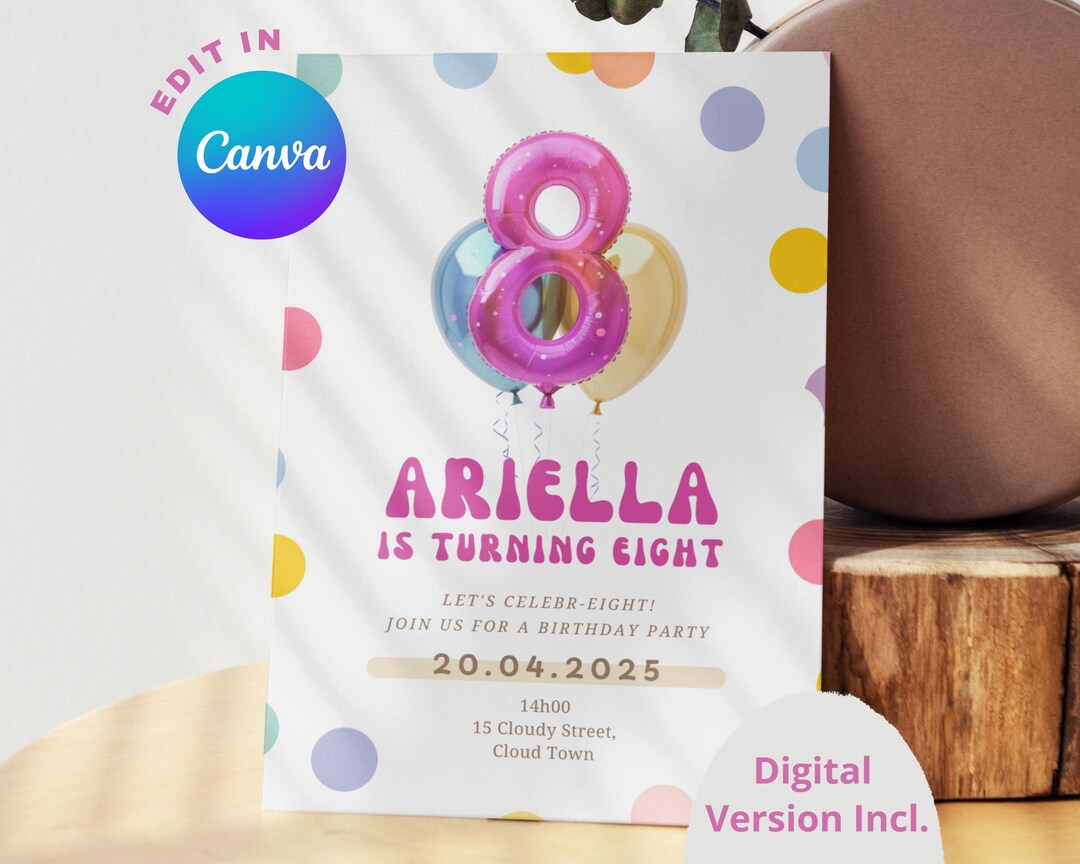 8th Birthday Party Invitation, Invitation Card for 8th Birthday Party ...