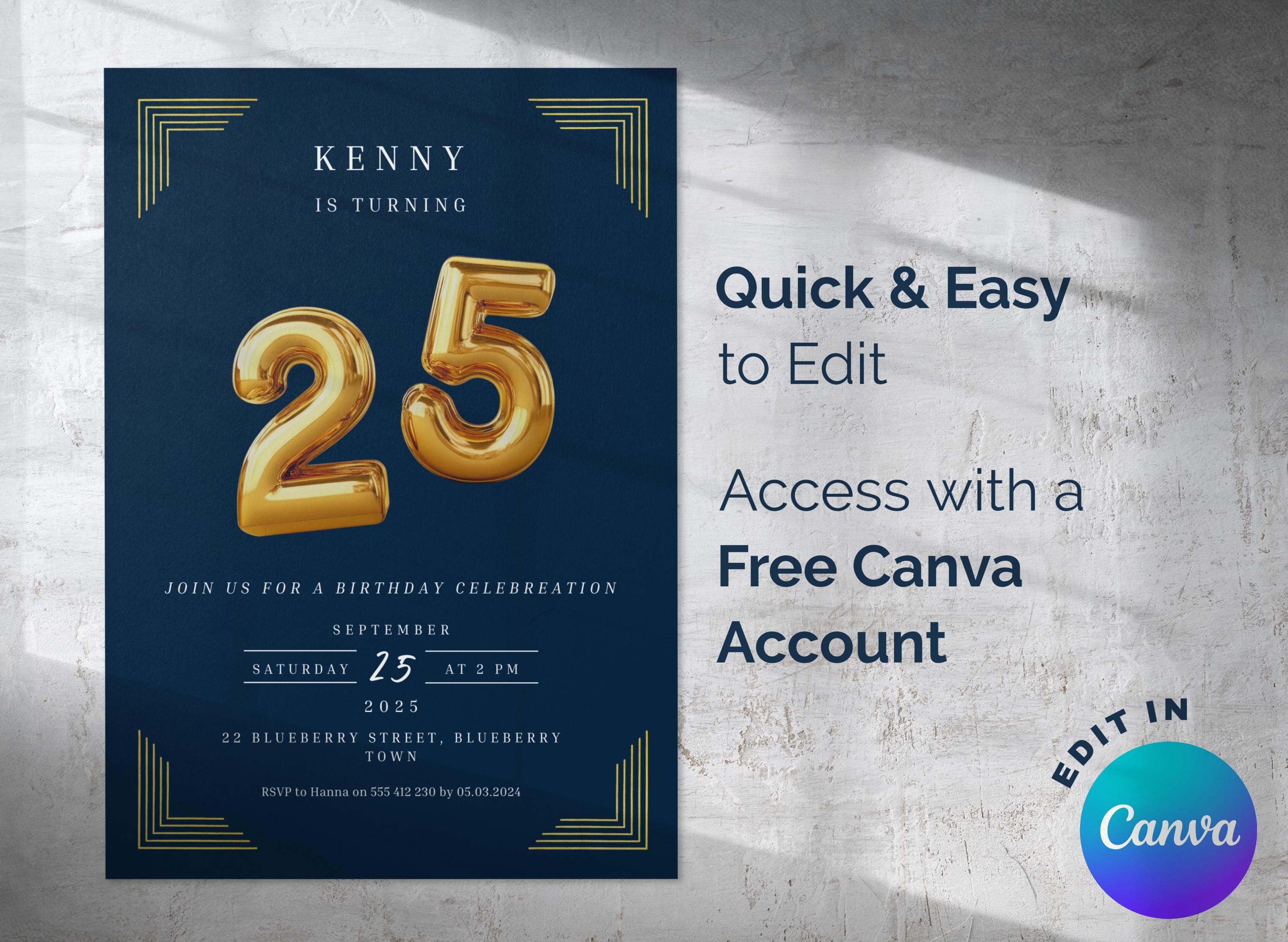 25th Birthday Party Invitation, 25th Party for Him, Blue/gold Birthday ...