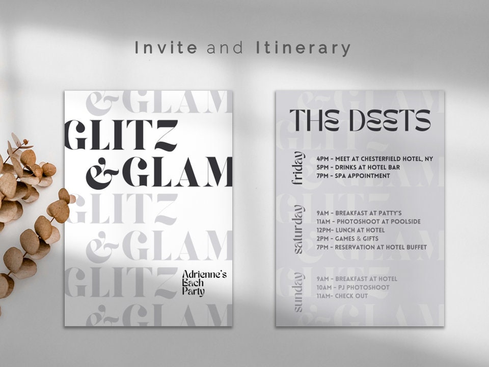 Glitz and Glam Invite and Itinerary, Glits and Glamour Bachelorette ...