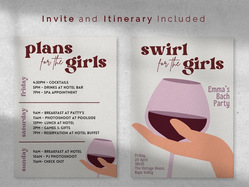 Swirl for the Girls Invite and Itinerary, Wine Themed Bachelorette ...