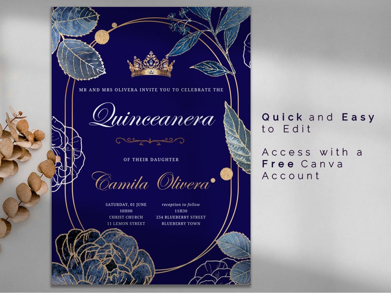 Royal Blue & Gold Quinceanera Invitation, Dark/navy/deep Blue Floral ...