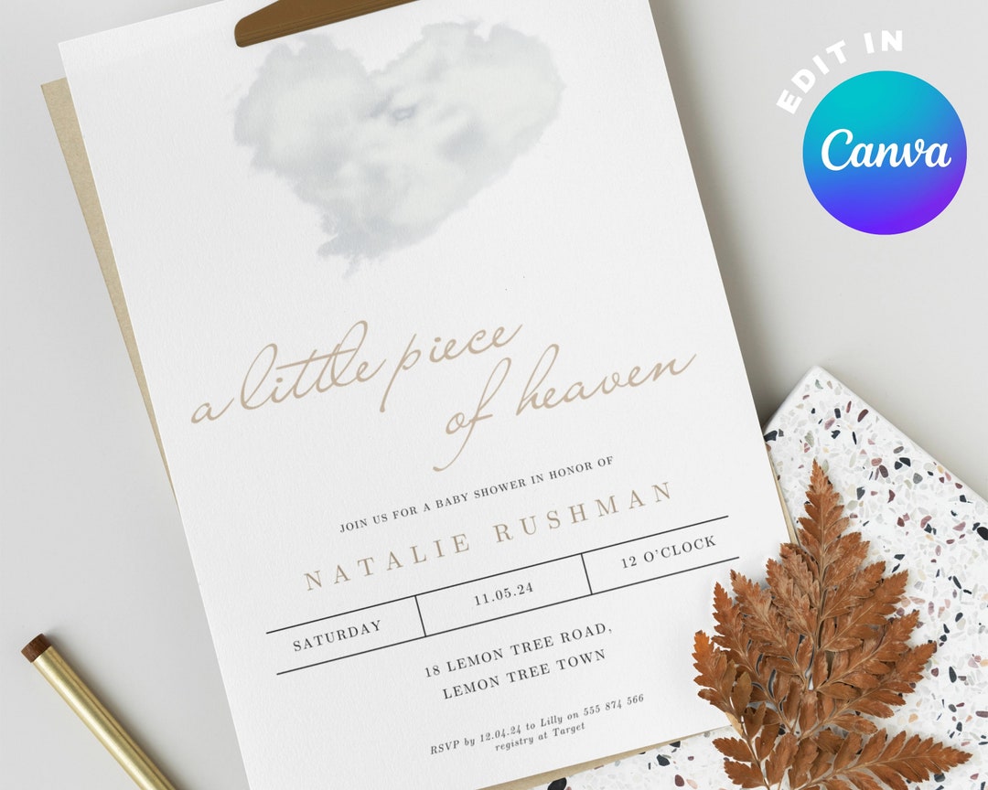 A Little Piece of Heaven Baby Shower Invitation, Dreamy Gender Neutral ...