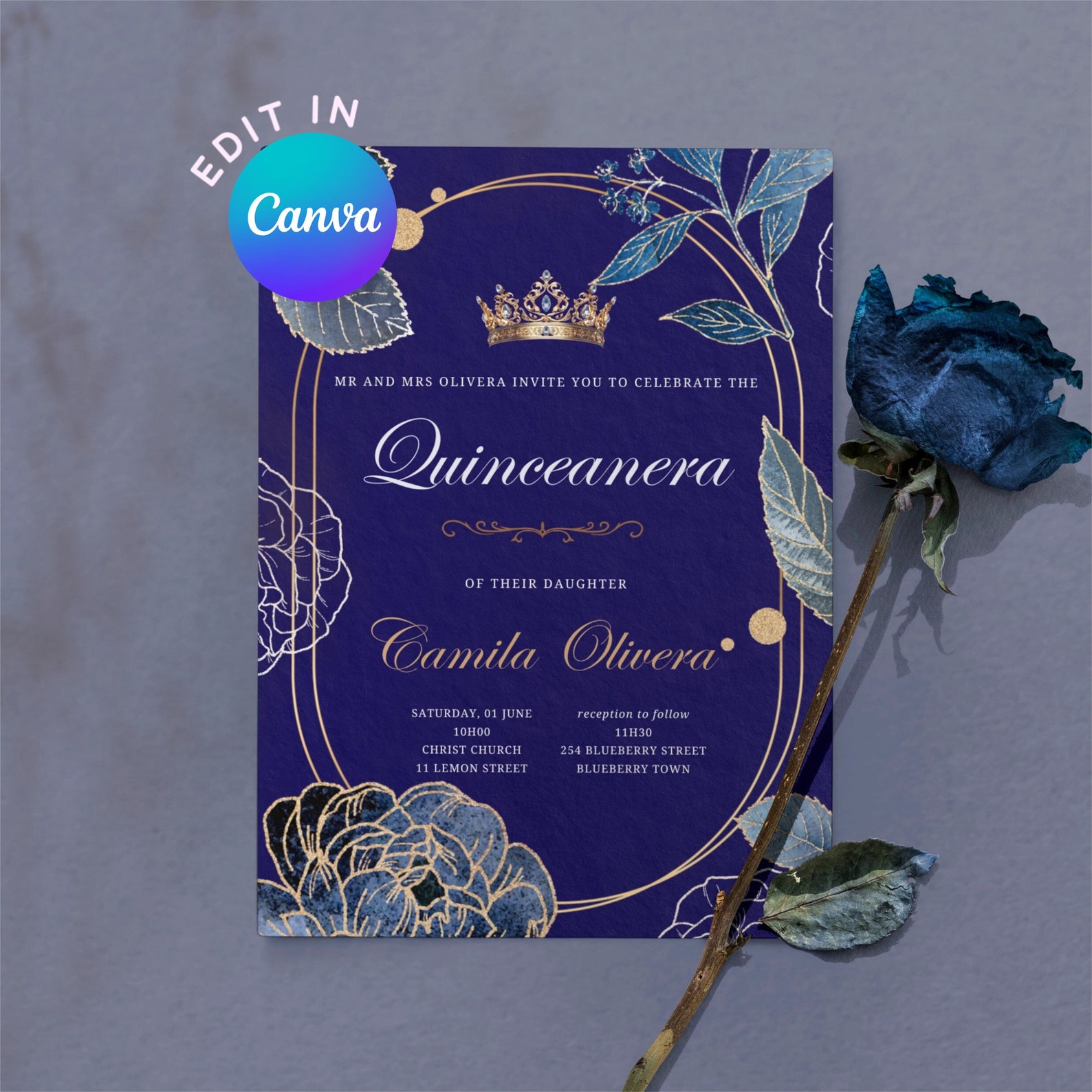 Royal Blue & Gold Quinceanera Invitation, Dark/navy/deep Blue Floral ...