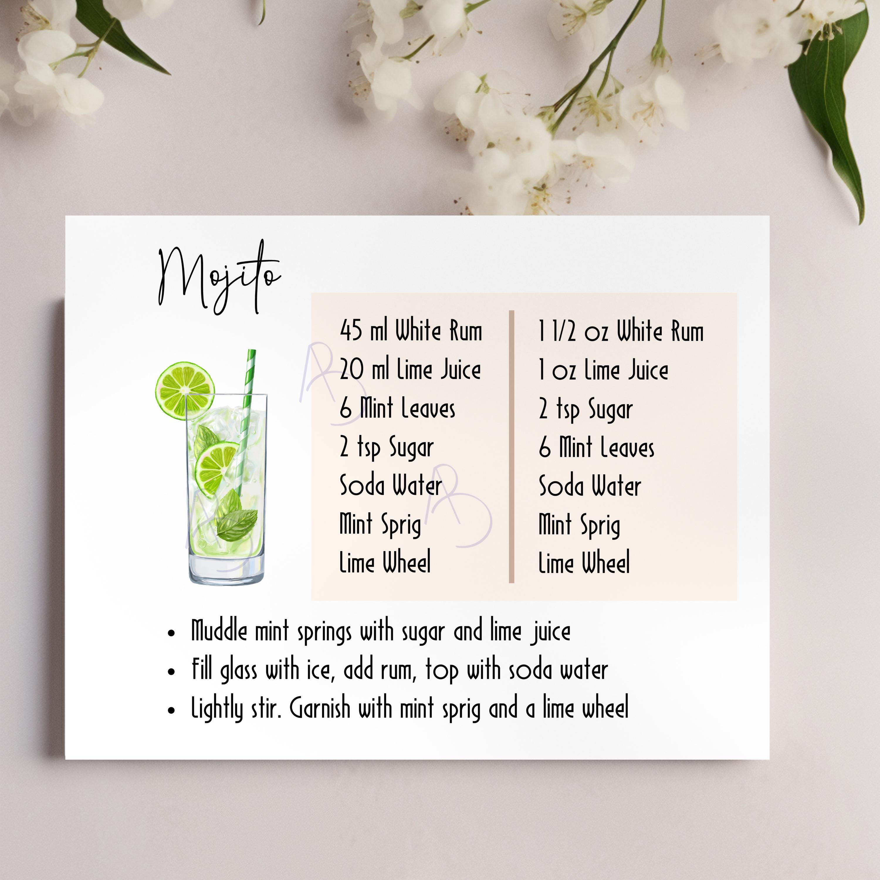 Mojito Recipe Card for Bachelorette Party Favor, Bar Cart Decor, or ...