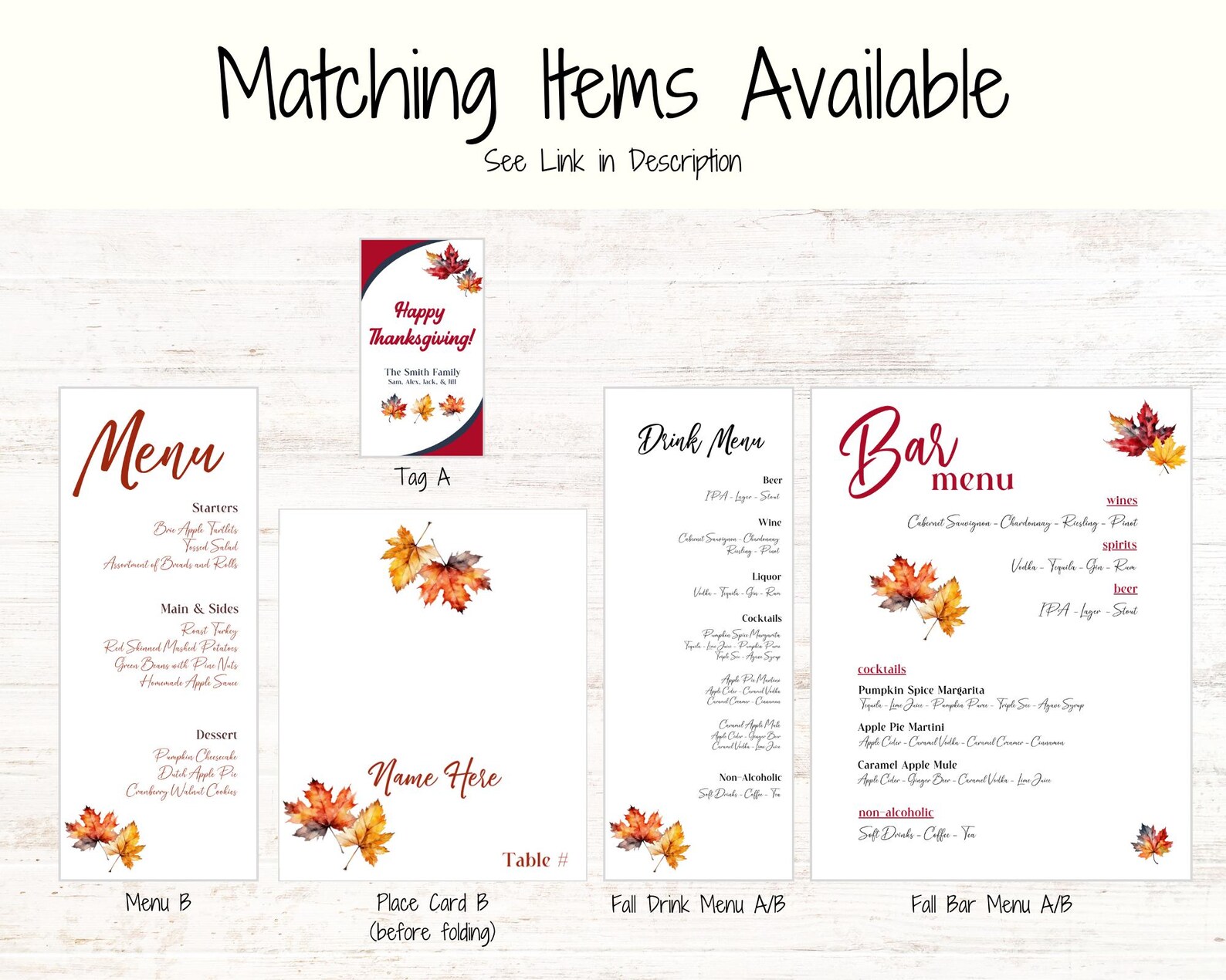 Fall Menu Template for Thanksgiving, Wedding or Other Dinner Party With ...