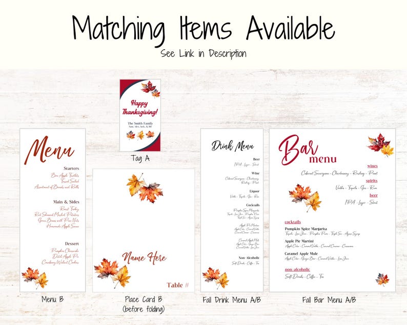 Fall Menu Template for Thanksgiving, Wedding or Other Dinner Party With ...